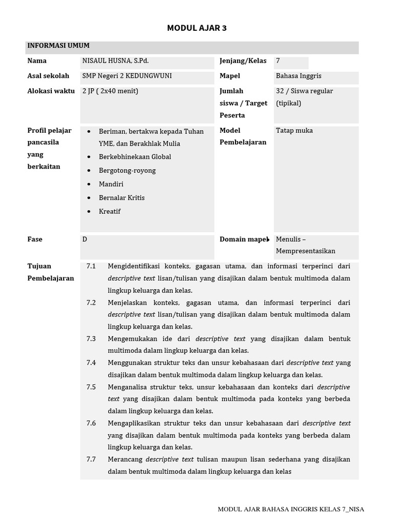 Modul Ajar 3 (Format) - SUPERVISI | PDF | Seni & Disiplin Bahasa | Sains & Matematika