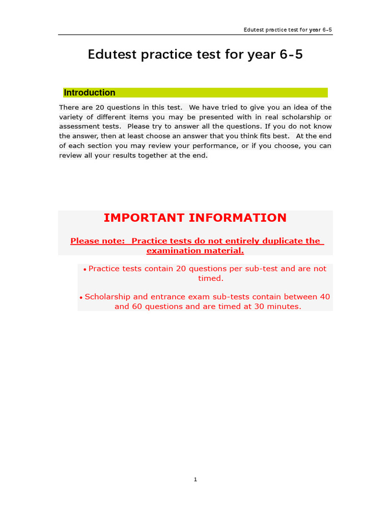 Edutest Practice Test For Year 6-5 | PDF | Eagle | Parenting