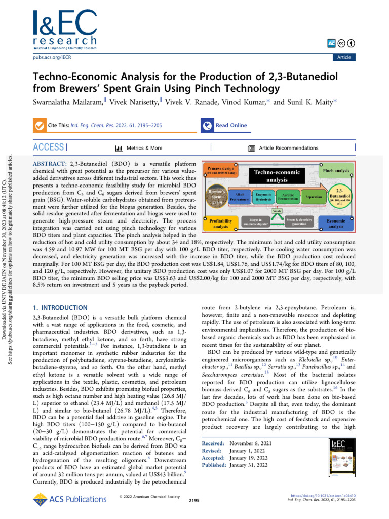 Vinod Kumar Et Al - Techno-Economic Analysis For The Production of 2,3-Butanediol | PDF | Heat ...