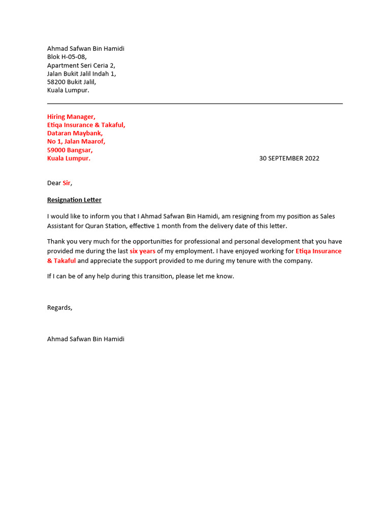 Resignation Letter Ahmad Safwan Bin Hamidi | PDF