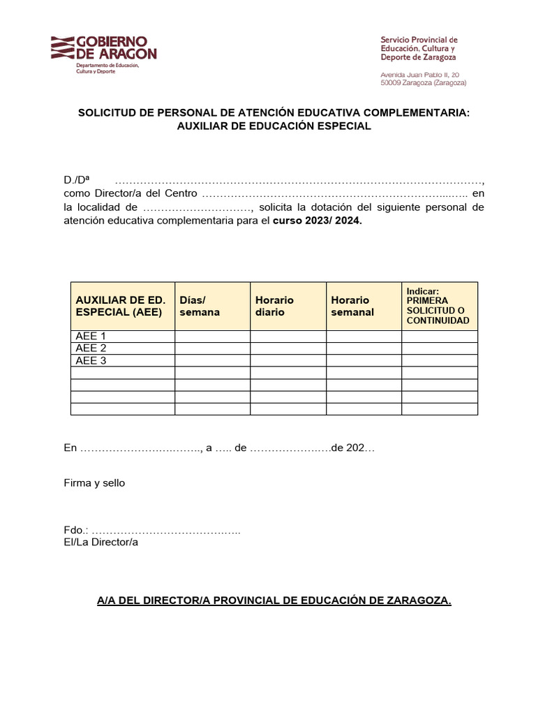 MODELO DE SOLICITUD DE PERSONAL COMPLEMENTARIO - AEE | PDF