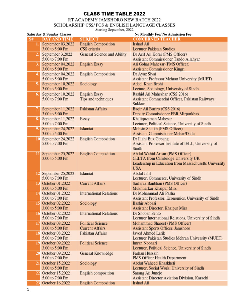 RT Time Table Css 2022 | PDF | Pakistan