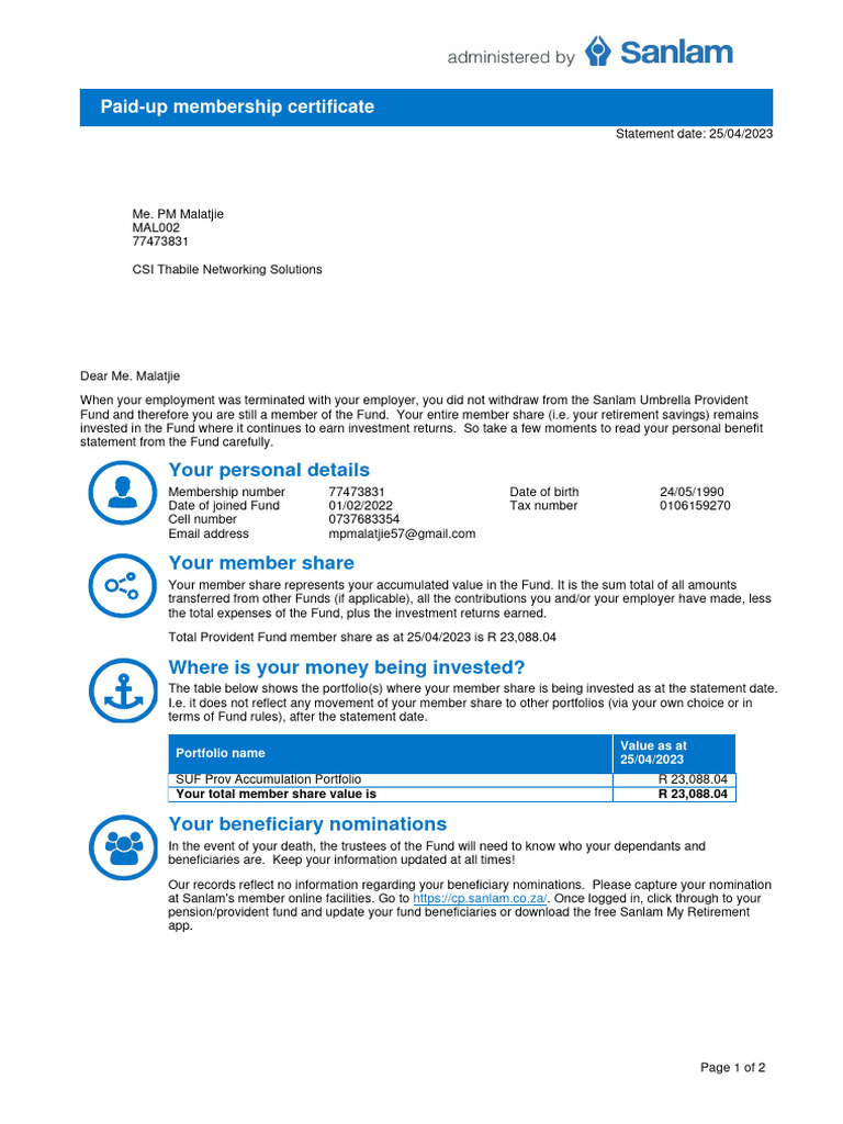 Paid-Up Membership Certificate: Your Personal Details | PDF | Pension ...