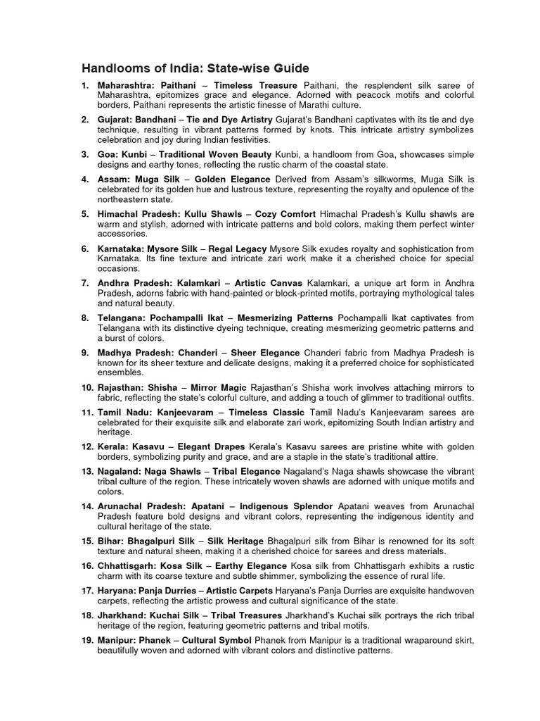 State-wise Handlooms of India Guide | PDF | Decorative Arts | Crafts