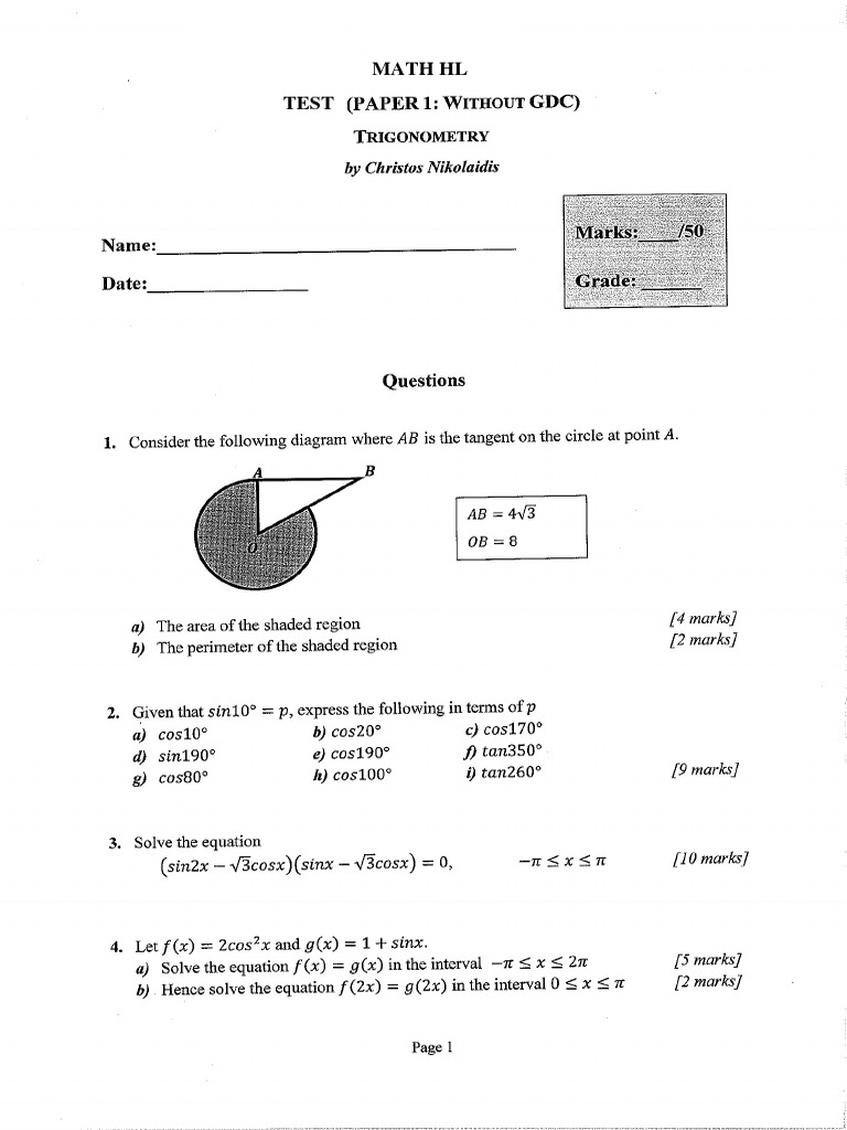Test 1 Trigonometry P1 P2 Solutions Pdf