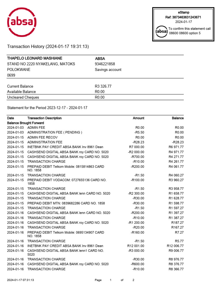 ABSA Bank Transaction Statement Summary | PDF | Debit Card | Business