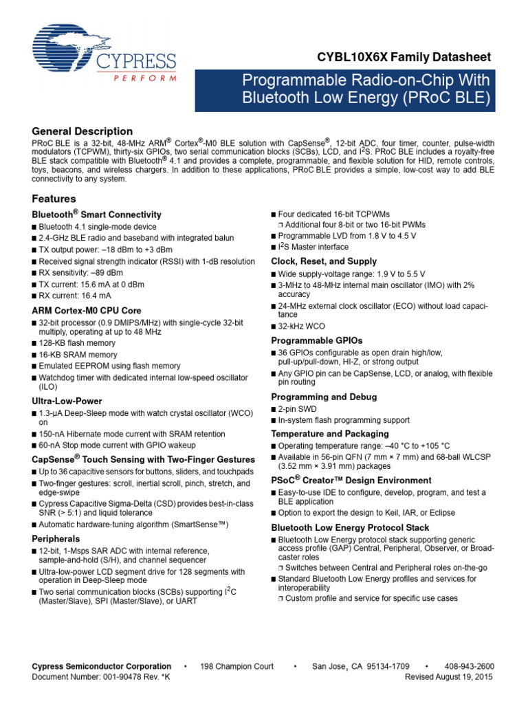 Cypress - Semiconductor CYBL10462 56LQXI Datasheet | PDF | Bluetooth ...
