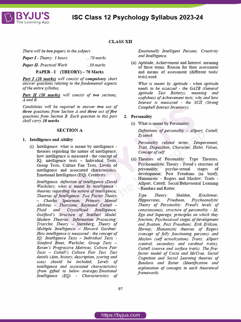 ISC Class 12 Psychology Syllabus | PDF | Mental Disorder | Psychology