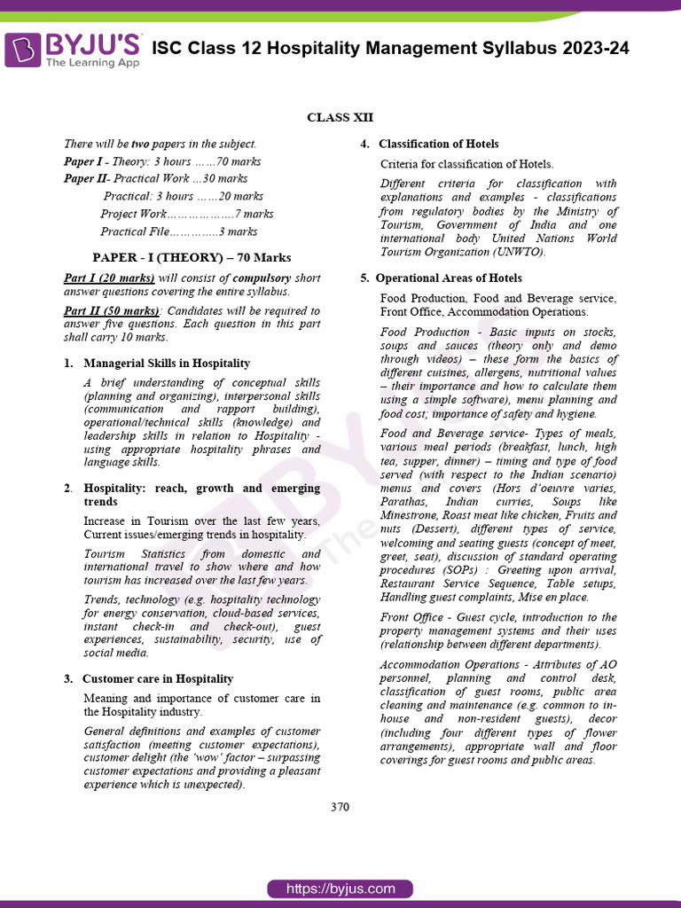 ISC-Class-12-Hospitality-Management-Syllabus-2023-24 | PDF | Meal | Lunch