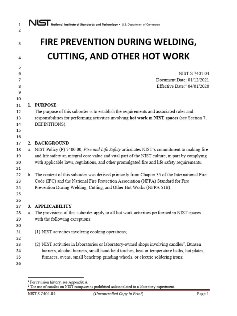 NIST S 7401-04 - Fire Prevention During Welding Cutting and Other Hot Work - 01122021 | PDF ...