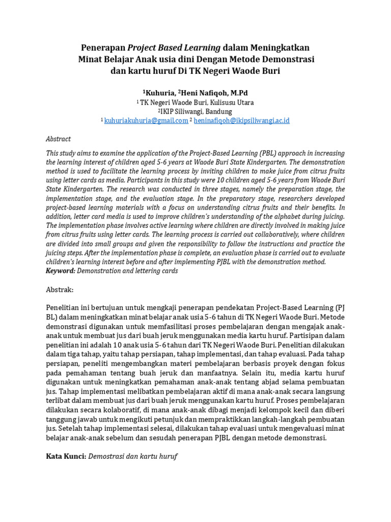 Penerapan Project Based Learning Dalam Meningkatkan Minat Belajar Anak Usia Dini Dengan Metode ...