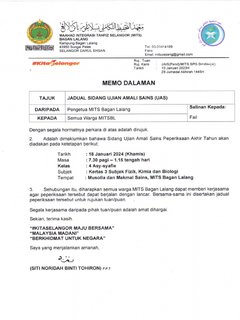 Memo Jadual Sidang Ujian Amali Sains | PDF
