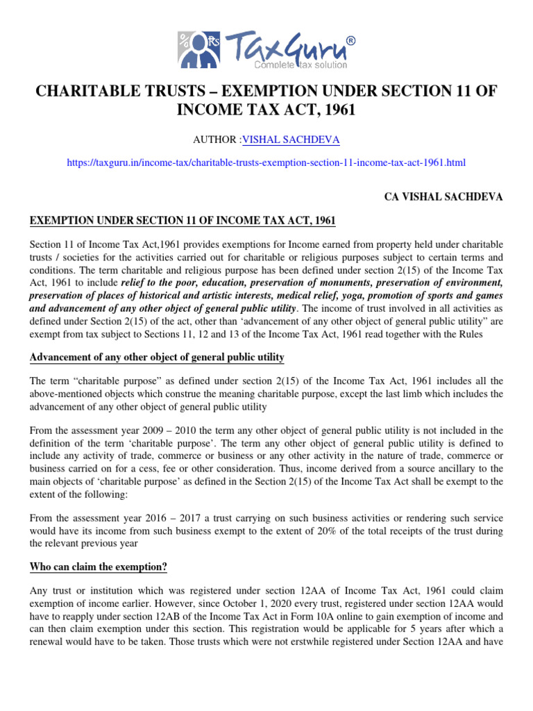 Charitable Trusts – Exemption under Section 11 of Income Tax Act, 1961 | PDF | Trust Law | Tax ...