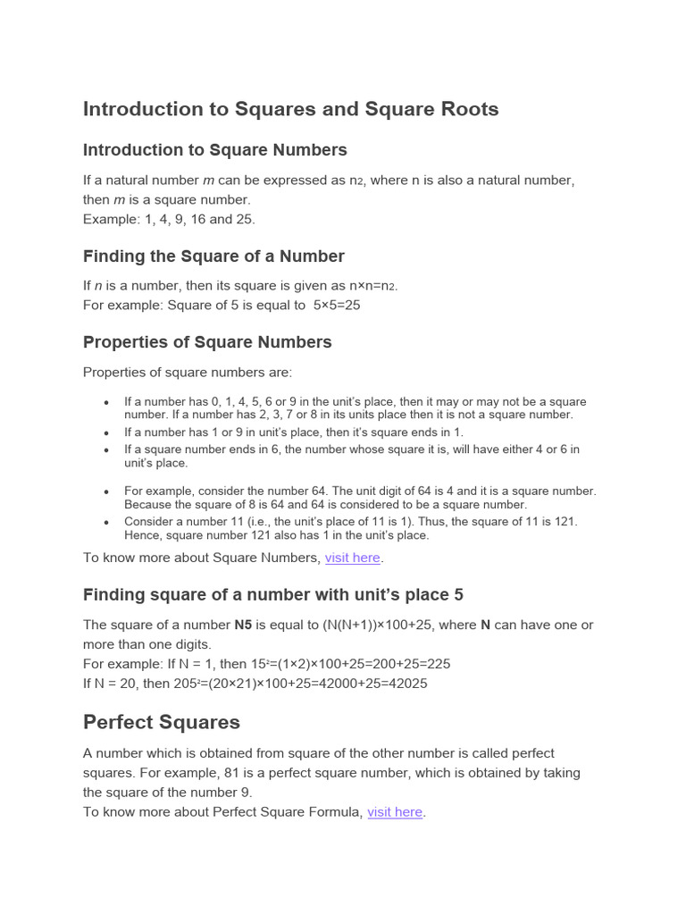 Introduction To Squares and Square Roots NOTES | PDF | Teaching Methods ...