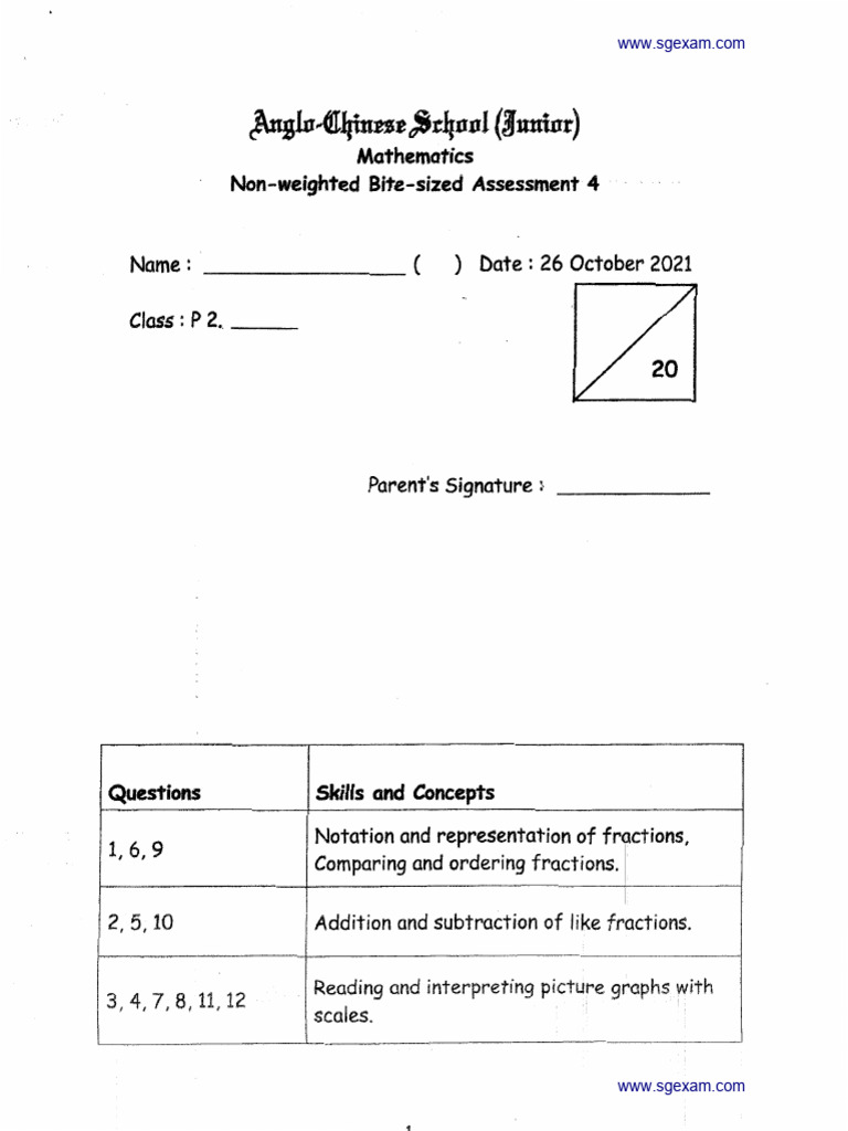 2021 P2 Maths Bite Sized Assessment 4 ACSJ | PDF