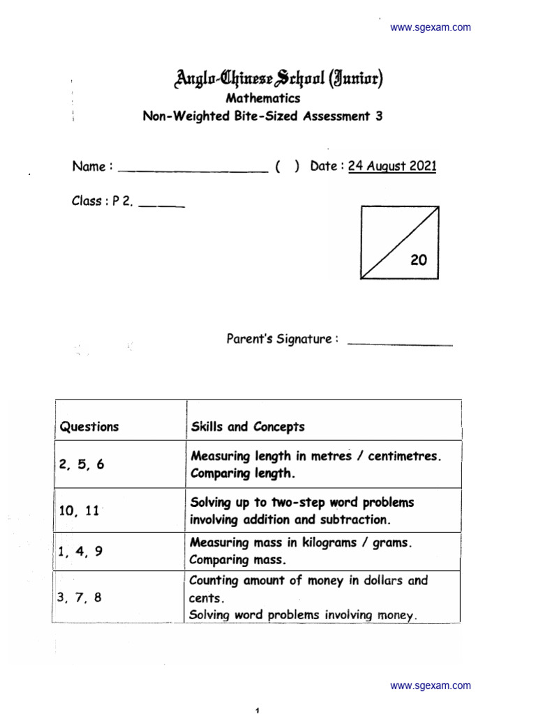 2021 P2 Maths Bite Sized Assessment 3 ACSJ | PDF | Metrology ...