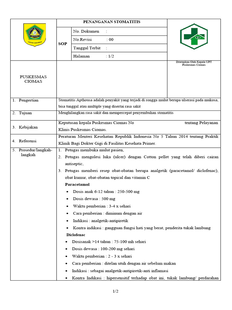 Sop Penanganan Stomatitis PKM Ciomas | PDF