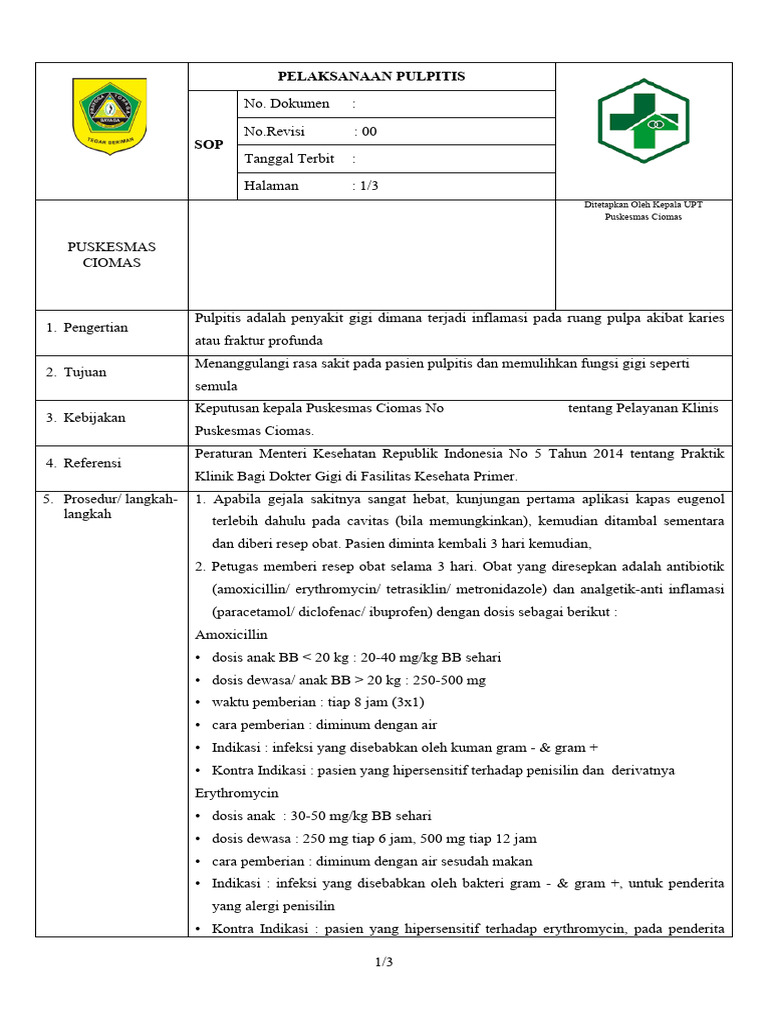 SOP Penatalaksanaan Pulpitis PKM CIOMAS | PDF