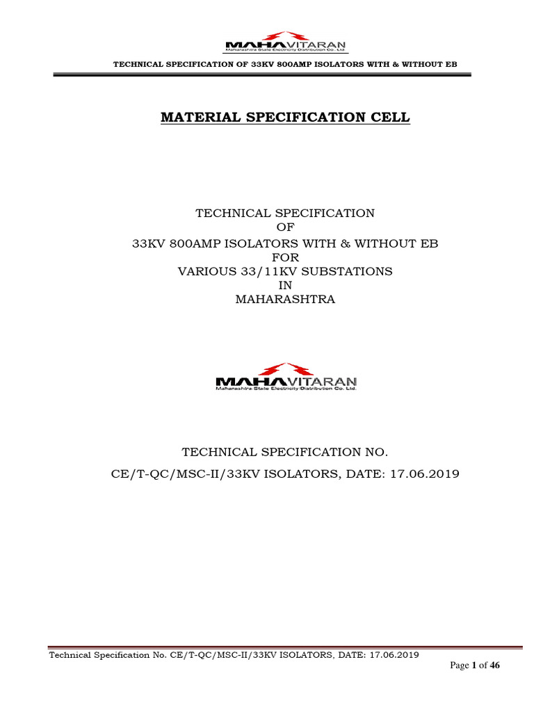Tech Specification of 33 KV 800amp Isolators With Without EB 17.06.19 | PDF | Switch | Screw