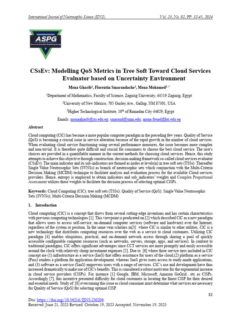 CSsEv: Modelling QoS Metrics in Tree Soft Toward Cloud Services Evaluator Based On Uncertainty ...