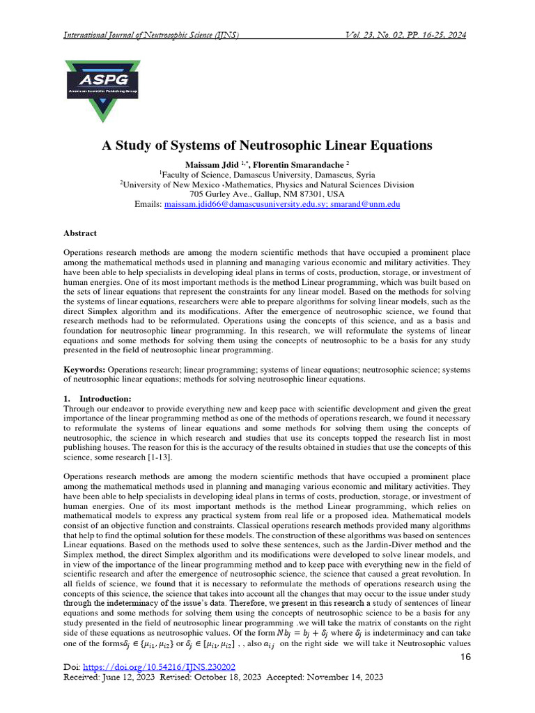 A Study of Systems of Neutrosophic Linear Equations | PDF | Linear ... A Study of Systems of Neutrosophic Linear Equations | PDF | Linear ...