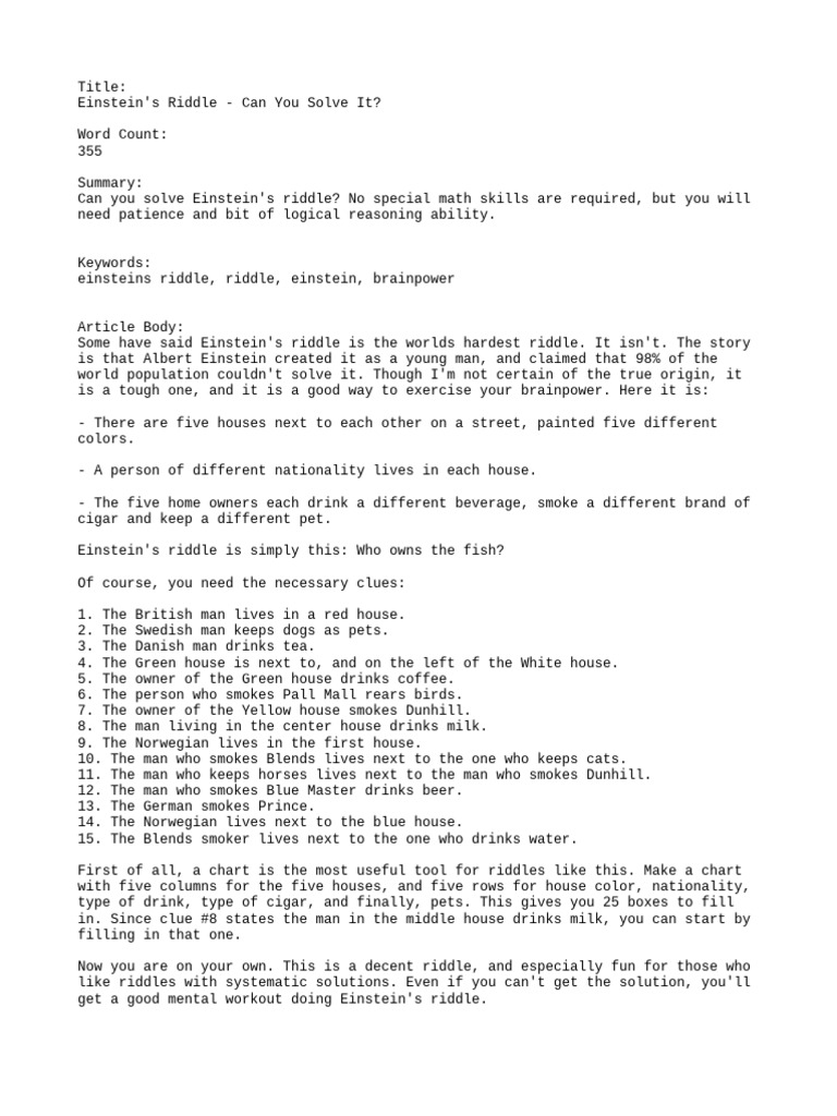 Einsteins Riddle Can You Solve It | PDF
