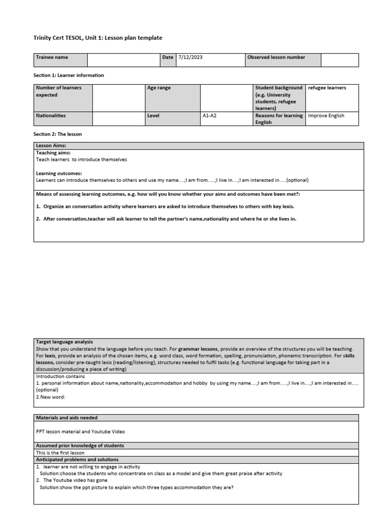 1 (Introduction Topic) Teaching Skills Lesson Plan 2020 | PDF | Learning | Lesson Plan