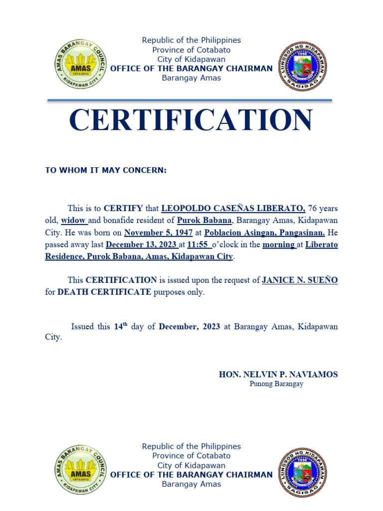 Certification For Death and Burial | PDF | Philippines
