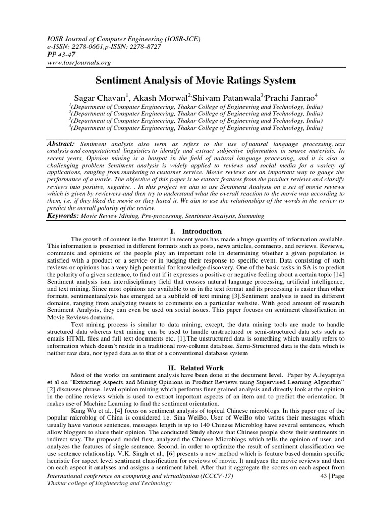 Sentiment Analysis Of Movie Ratings Syst Pdf Part Of Speech Word