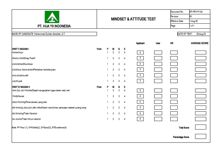 Form Mindset Dan Attitude Test | PDF