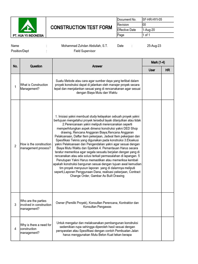 Construction Skill Test | PDF | Teknologi & Rekayasa