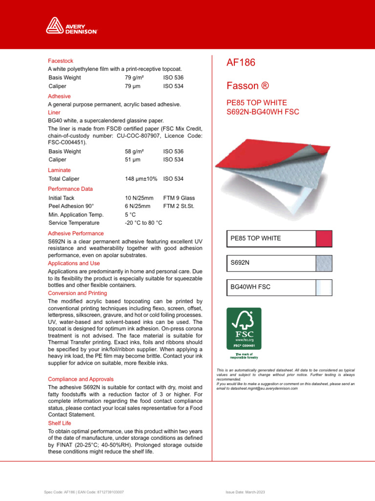 Af186 Pe85 Top White s692n-Bg40wh FSC - en | PDF | Adhesive | Industrial Processes