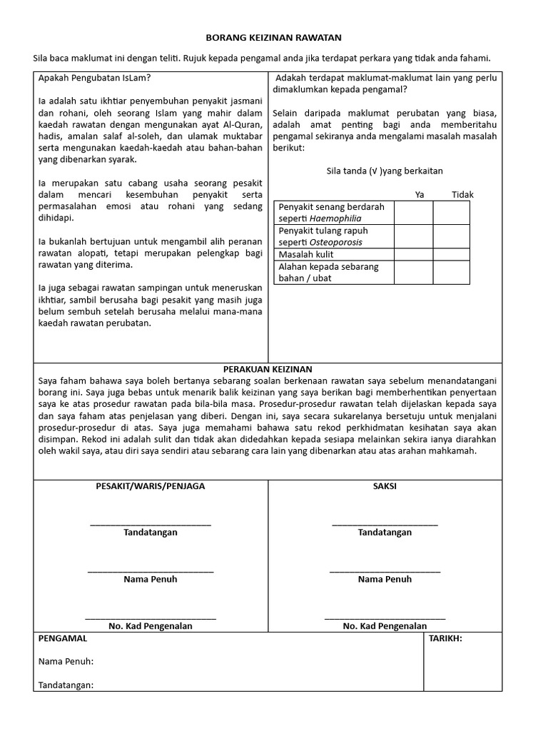 Borang Keizinan Rawatan | PDF
