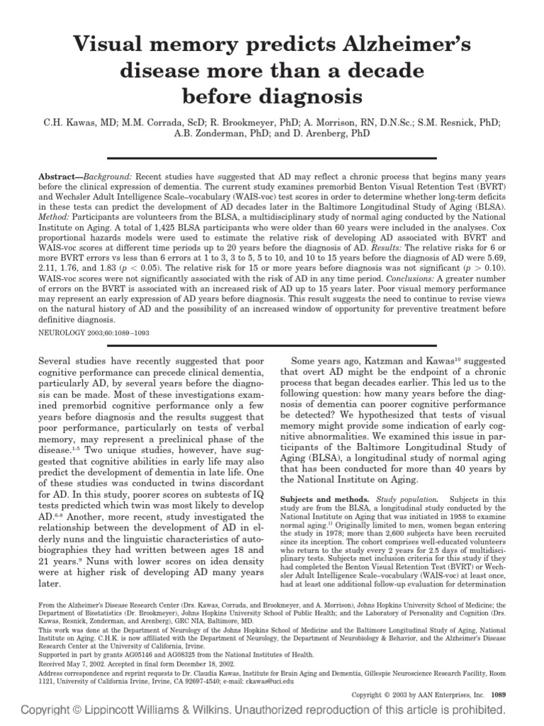 2003 Kawas Et Al Visual Memory Predicts Alzheimer S Disease Pdf