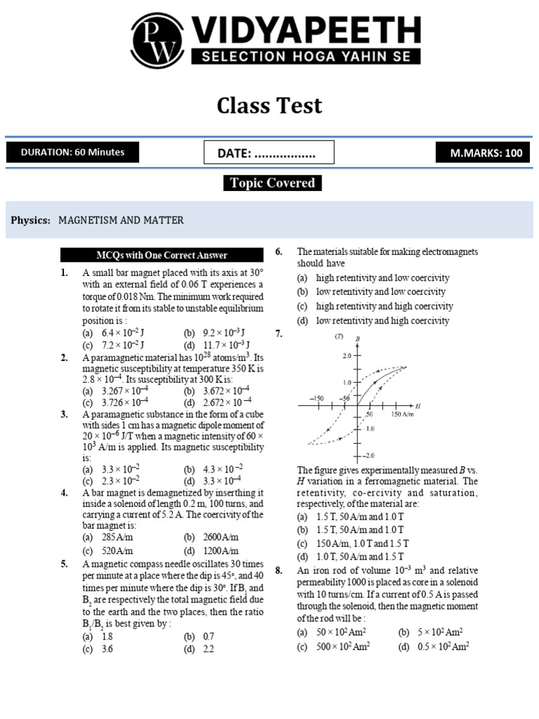 Class Test - Physics - Magnetism and Matter | PDF | Magnet | Magnetism