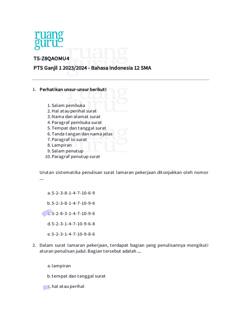 PTS Ganjil 1 2023 - 2024 - Bahasa Indonesia 12 SMA | PDF