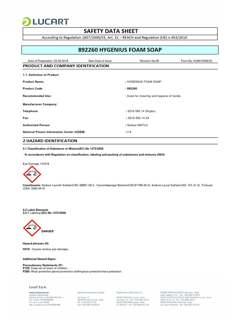 Hygenius Foam Soap - SDS | PDF | Chemistry | Occupational Safety And Health