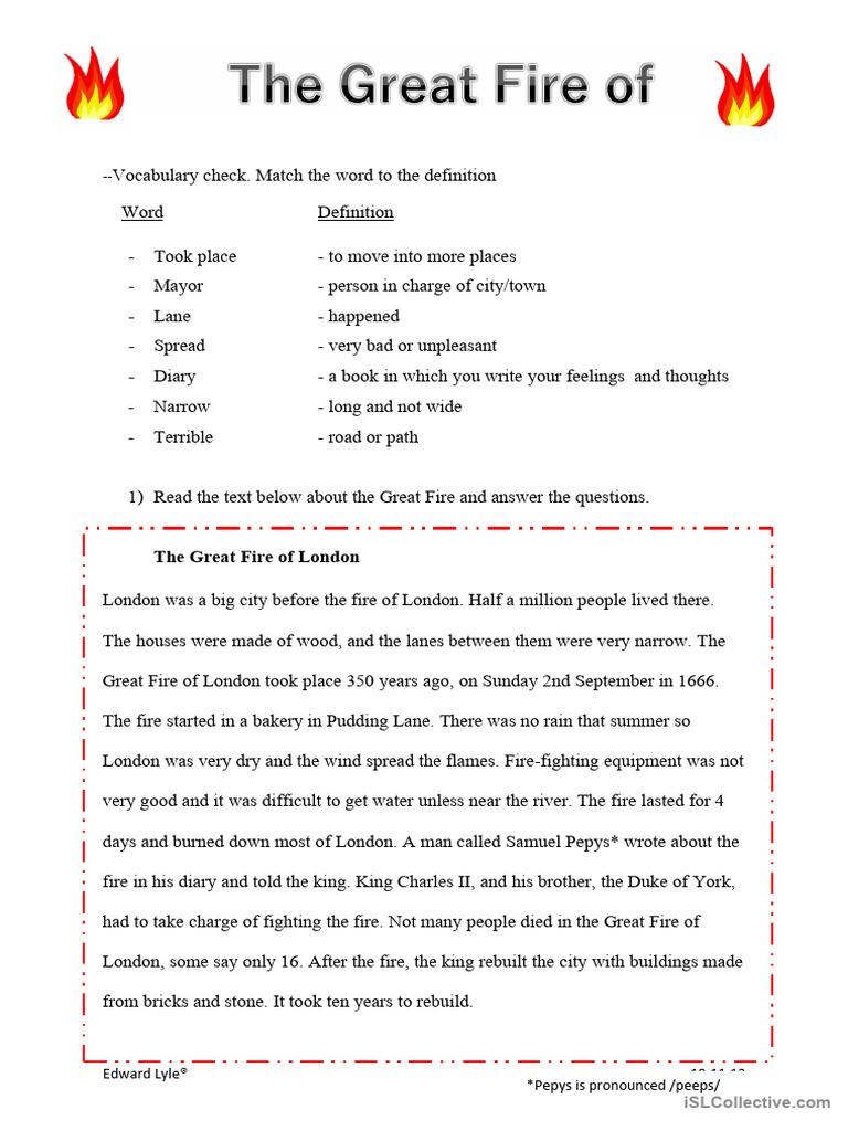 The Great Fire of London - 4 Page Reading Comprehension Exercises | PDF ...