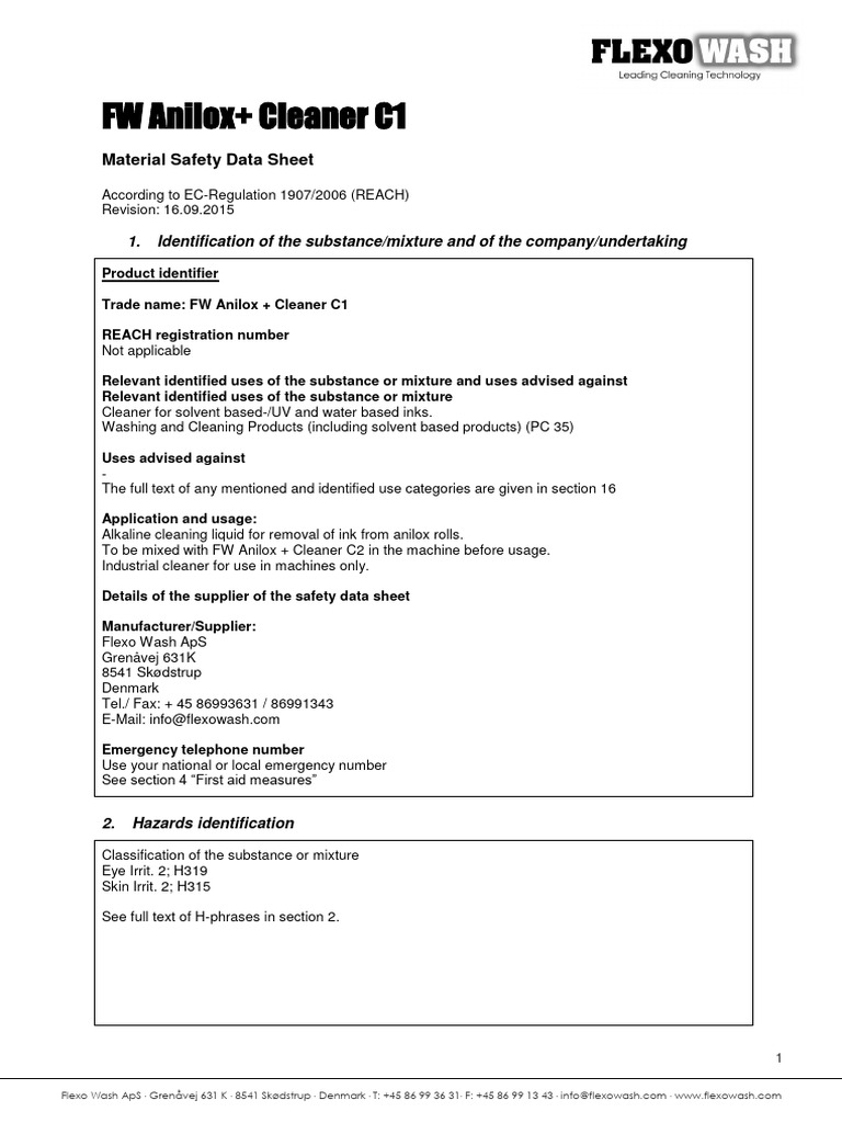 FW Anilox + Cleaner C1 - ENG - 20151916 | PDF | Dangerous Goods | Toxicity