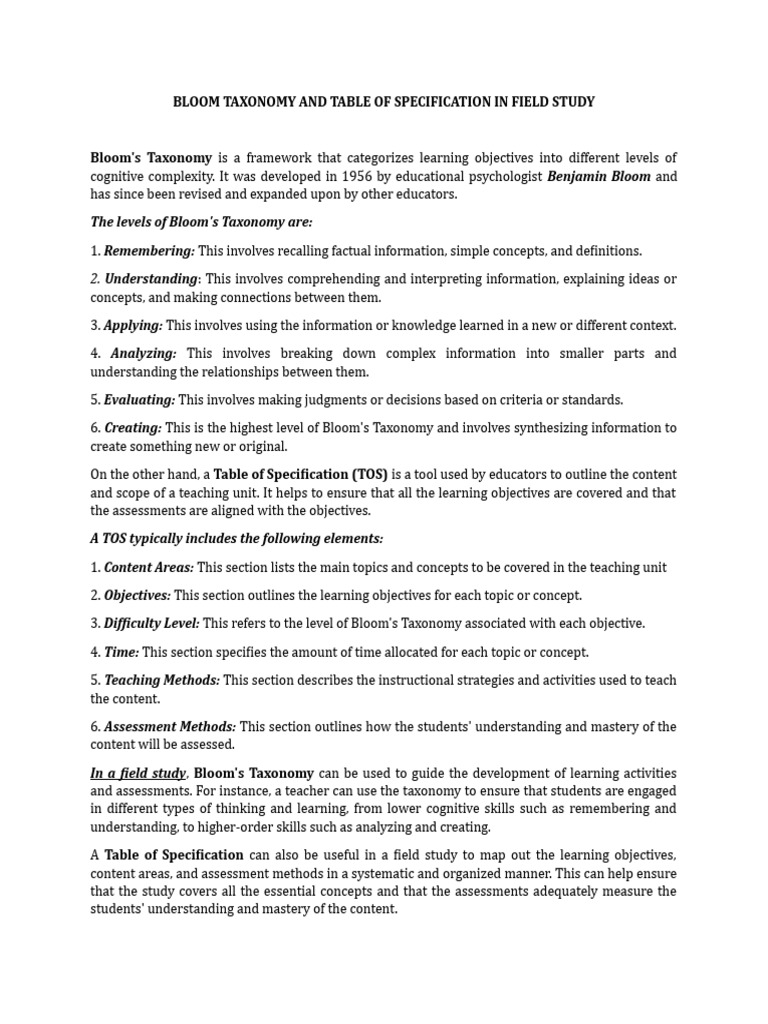 Bloom Taxonomy and Table of Specification in Field Study | PDF | Educational Psychology | Learning