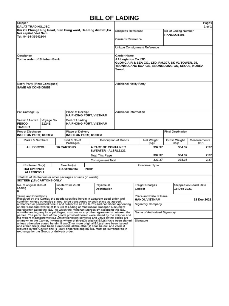 BIll OF LD Bill of Lading_2 | PDF | Cargo | Bill Of Lading