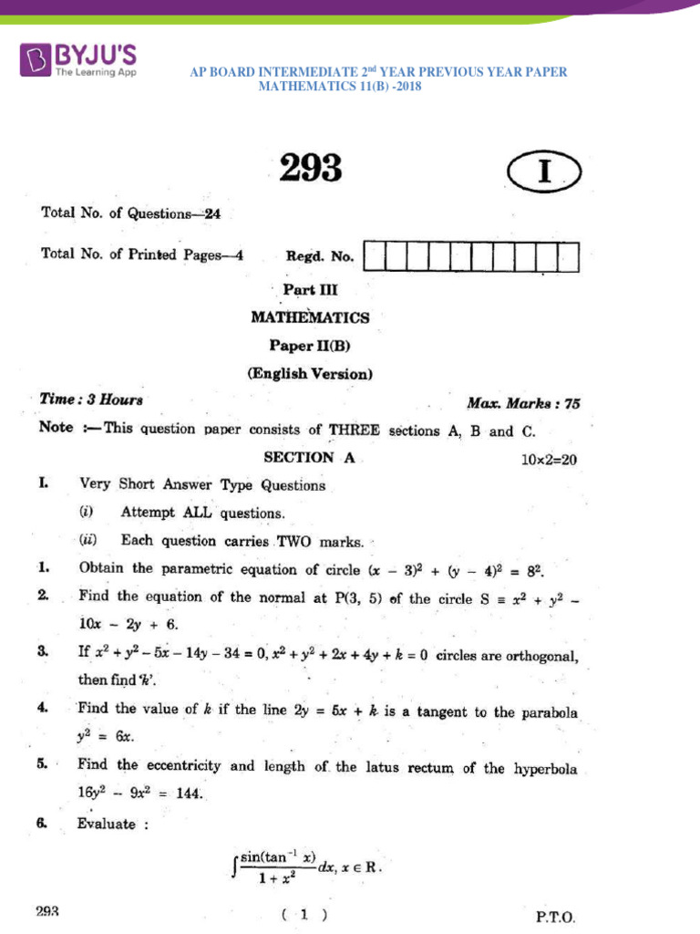 AP Board Intermediate 2nd Year Mathematics IIB Previous Year Paper 2018 ...