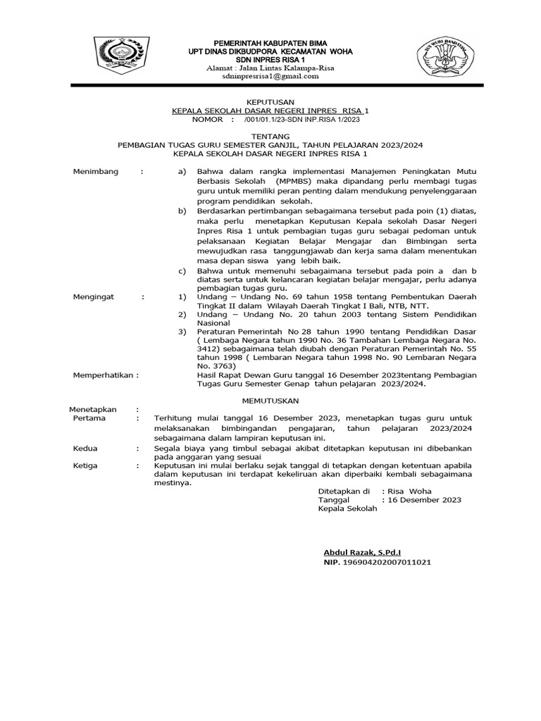 SK Pembagian Tugas 2023 Ganjil | PDF