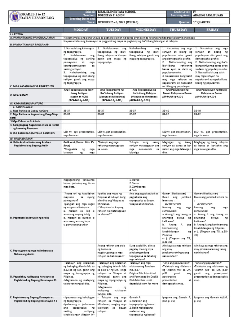 DLL - Araling Panlipunan 4 - Q1 - W6 | PDF