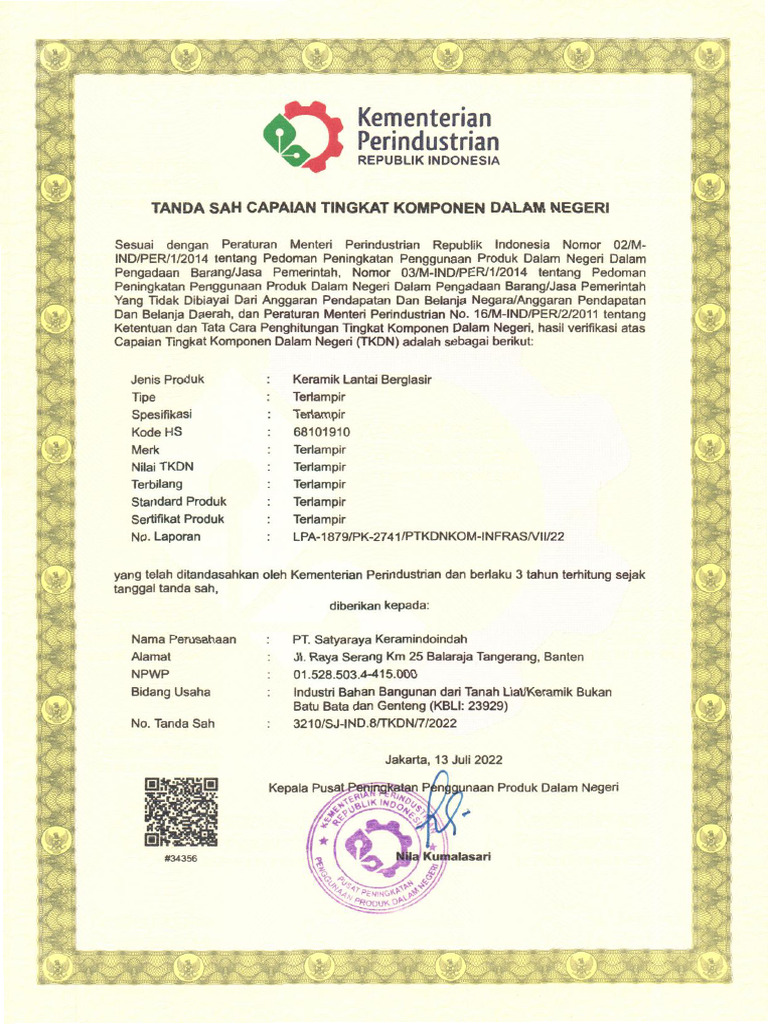 Sertifikat TKDN Keramik PT. Satyaraya | PDF