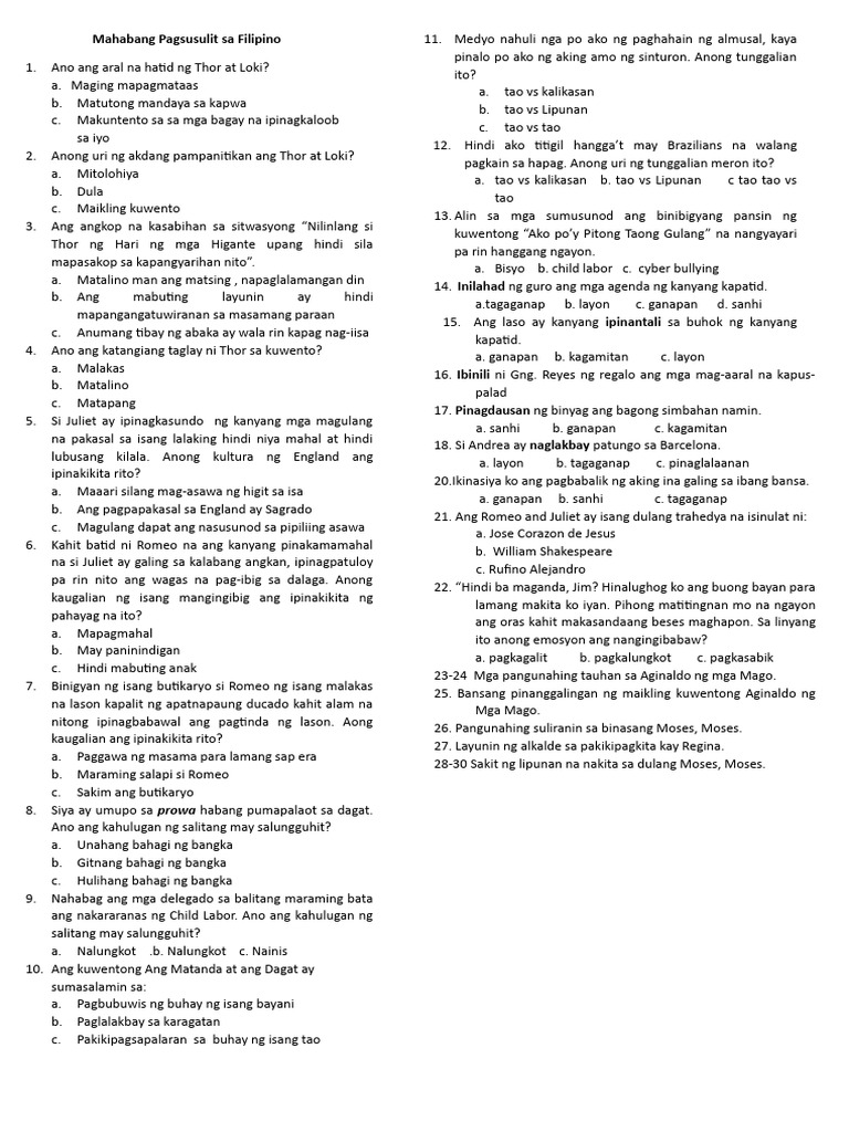 Mahabang Pagsusulit Sa Filipino 2nd Quarter | PDF