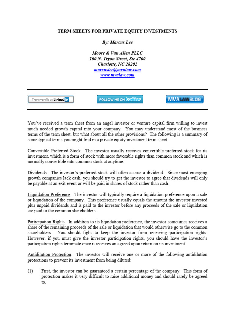 Private Equity Term Sheet Essentials | PDF | Stocks | Preferred Stock