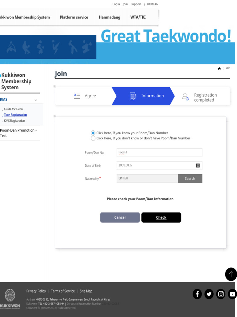 Tcon Kukkiwon Membership SystemKMS Tcon Registration | PDF