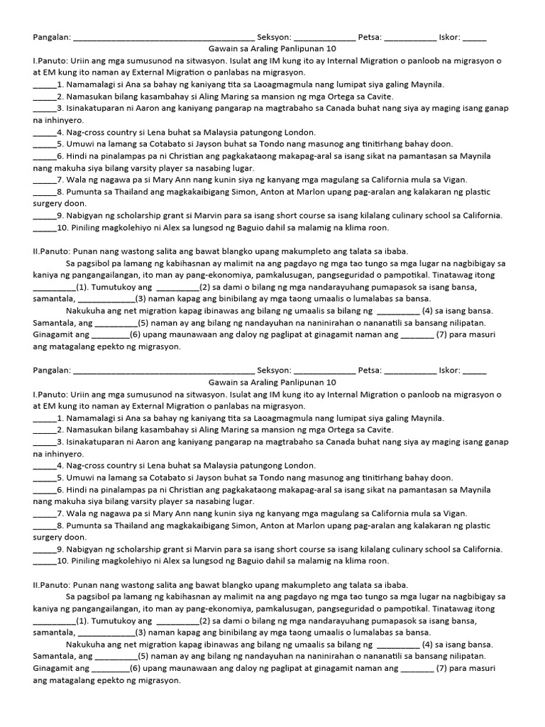 GRADE 10 Migrasyon Activity | PDF