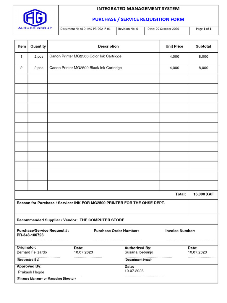 Purchase Request 348-100723 - MG2500 Printer Ink | PDF | Printer (Computing) | Business